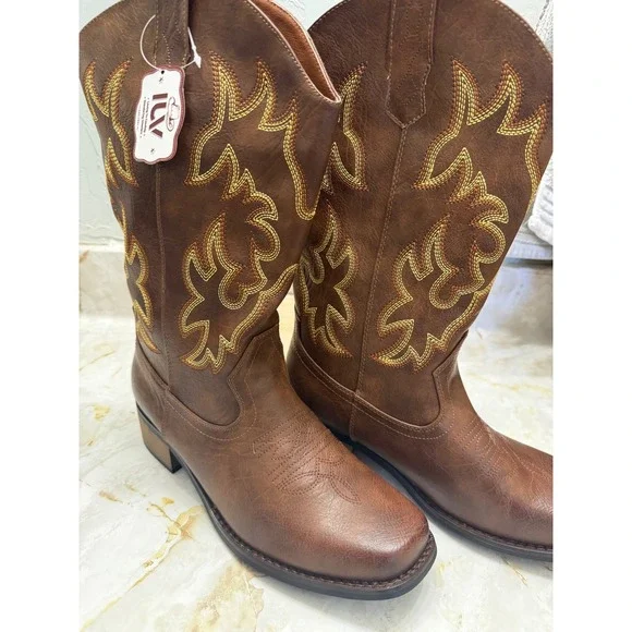IUV Wandering Western Dark Brown Embroidered Square Toe Cowboy Boots ...